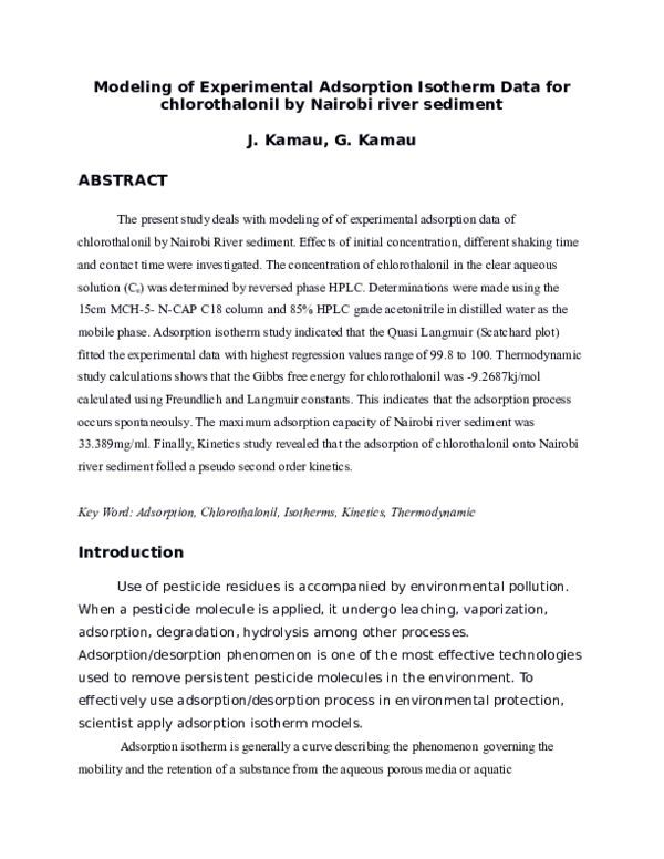 (DOC) Modeling of Experimental Adsorption Isotherm Data for chlorothalonil by Nairobi river sediment