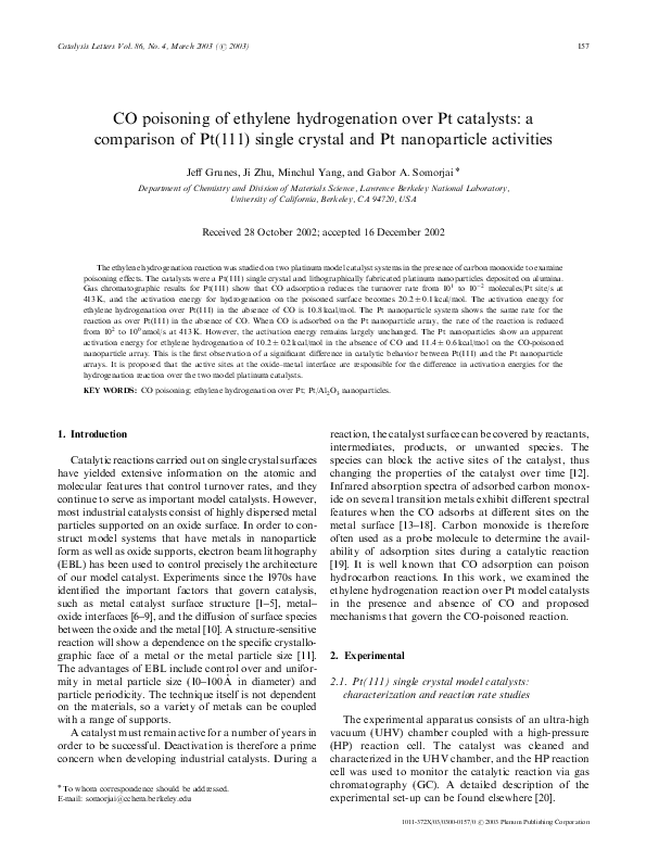 (PDF) CO poisoning of ethylene hydrogenation over Pt catalysts: A ...
