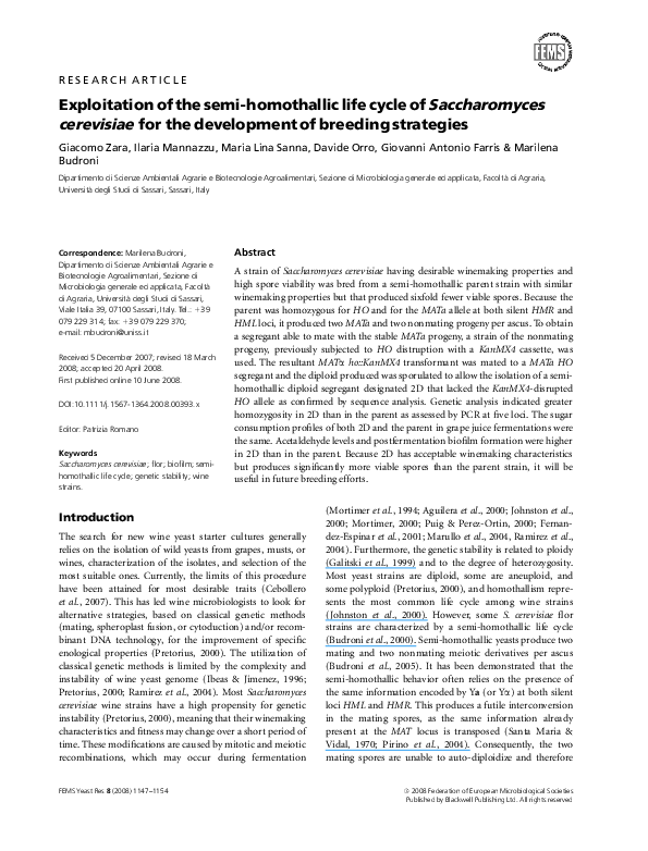 (PDF) Exploitation of the semi-homothallic life cycle of Saccharomyces ...