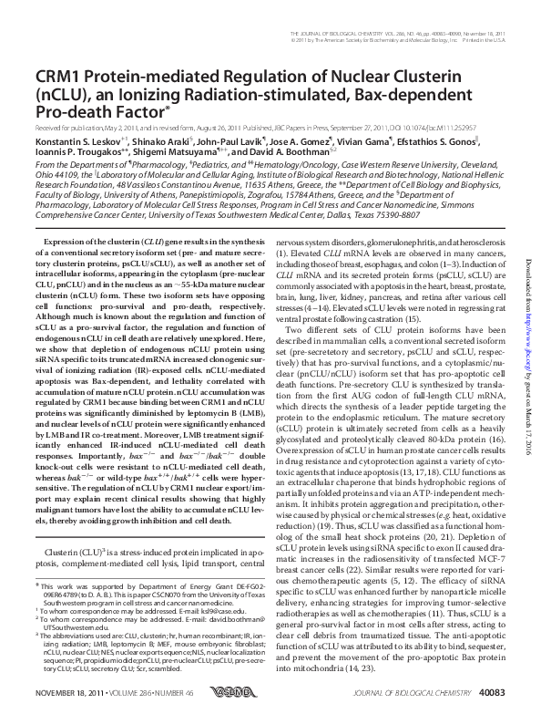 (PDF) CRM1 Protein-mediated Regulation of Nuclear Clusterin (nCLU), an ...