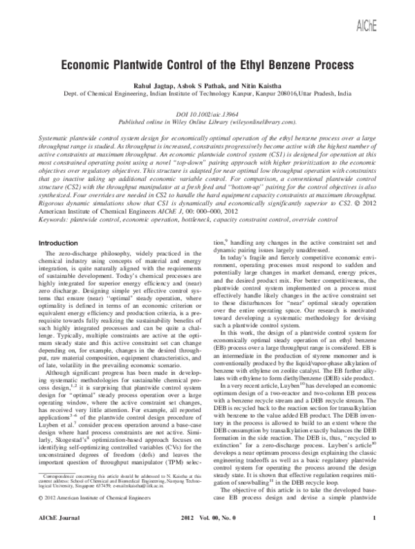 (PDF) Economic Plantwide Control of the Ethyl Benzene Process