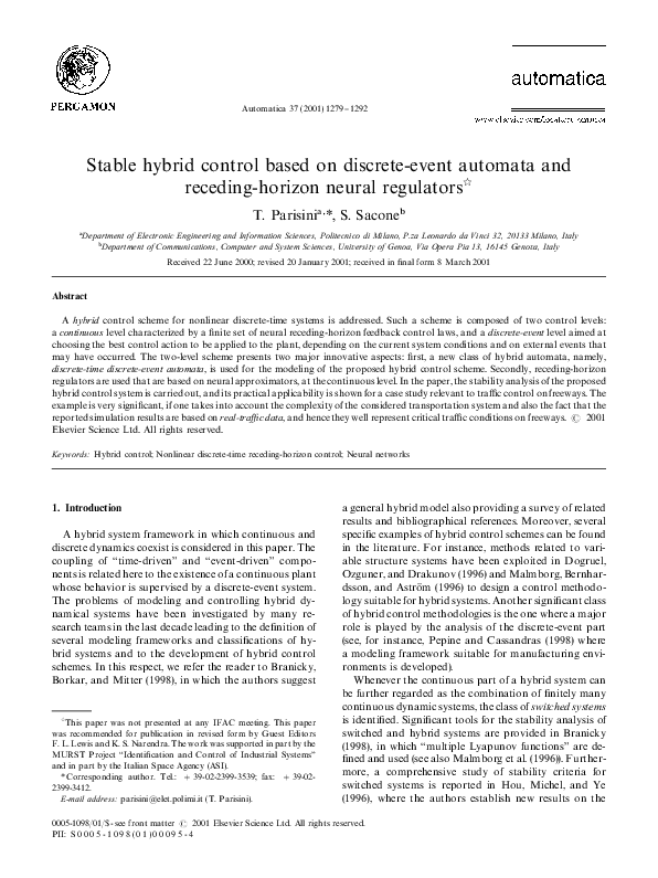 (PDF) Stable hybrid control based on discrete-event automata and receding-horizon neural regulators