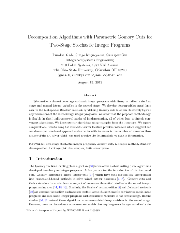 (PDF) Decomposition algorithms with parametric Gomory cuts for two-stage stochastic integer programs