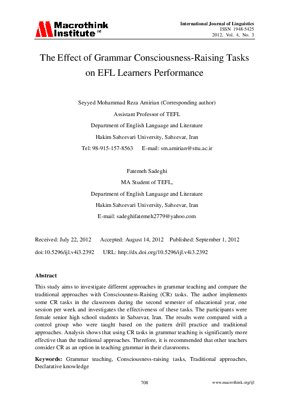 (PDF) The Effect of Grammar Consciousness-Raising Tasks on EFL Learners ...
