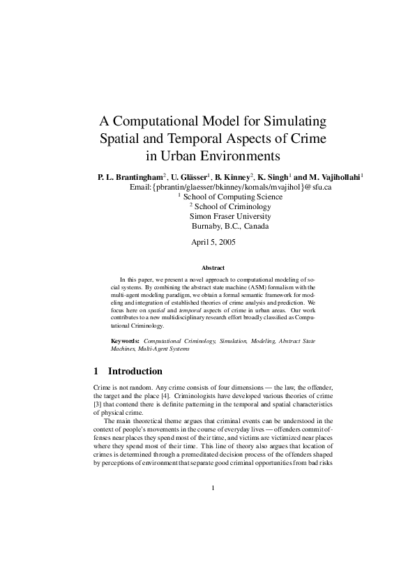 Pdf A Computational Model For Simulating Spatial Aspects Of Crime In Urban Environments