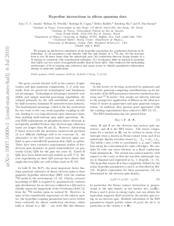 (PDF) Hyperfine interactions in silicon quantum dots