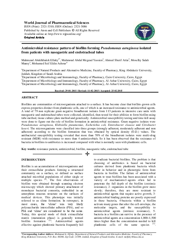 (PDF) Antimicrobial resistance pattern of biofilm forming Pseudomonas aeruginosa isolated from ...