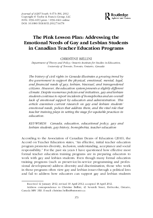 (PDF) The Pink Lesson Plan: Addressing the Emotional Needs of Gay and ...