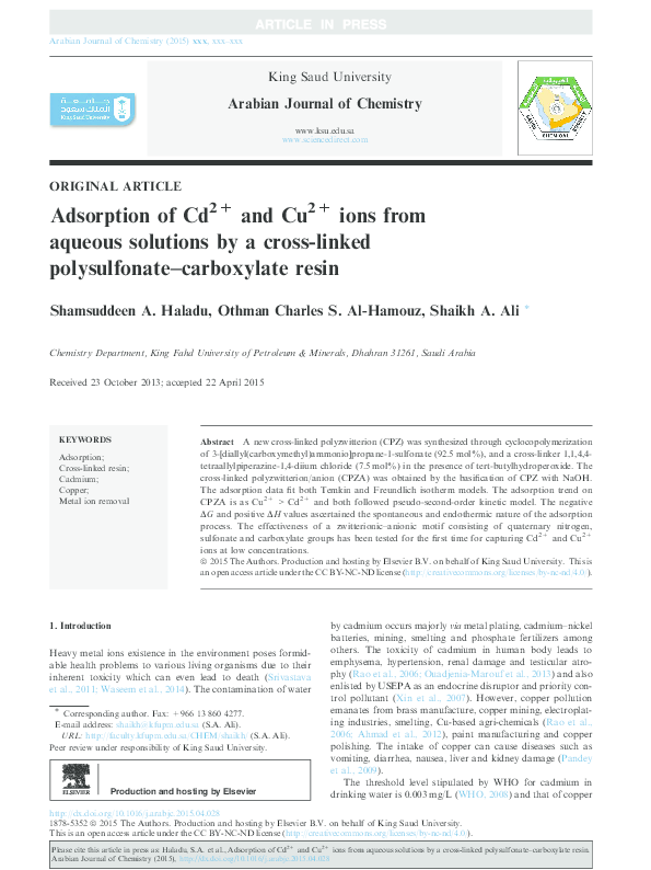 (PDF) Adsorption of Cd2+ and Cu2+ ions from aqueous solutions by a ...