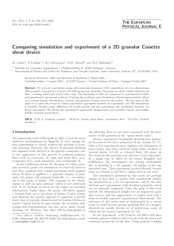 (PDF) Comparing simulation and experiment of a 2D granular Couette ...