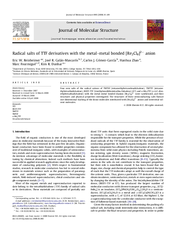 (PDF) Radical salts of TTF derivatives with the metal–metal bonded ...