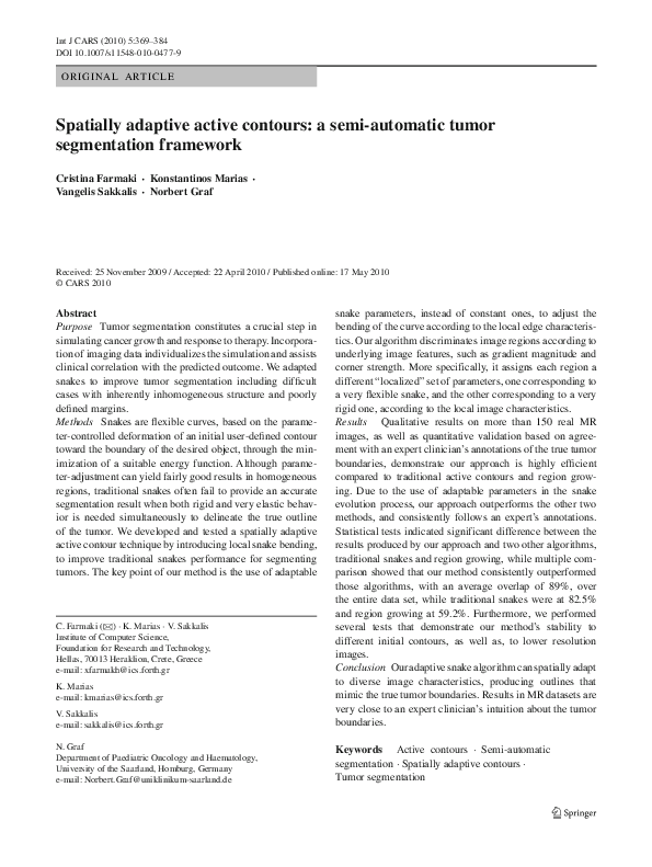 Pdf Spatially Adaptive Active Contours A Semi Automatic Tumor Segmentation Framework Kostas