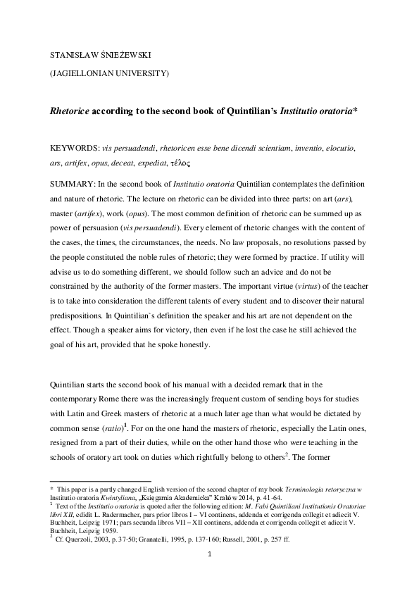 (PDF) Rhetorice according to the second book of Quintilian's Institutio ...