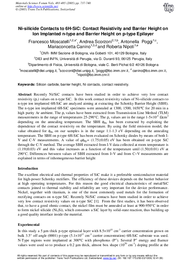 (PDF) Ni-Silicide Contacts to 6H-SiC: Contact Resistivity and Barrier Height on Ion Implanted n ...
