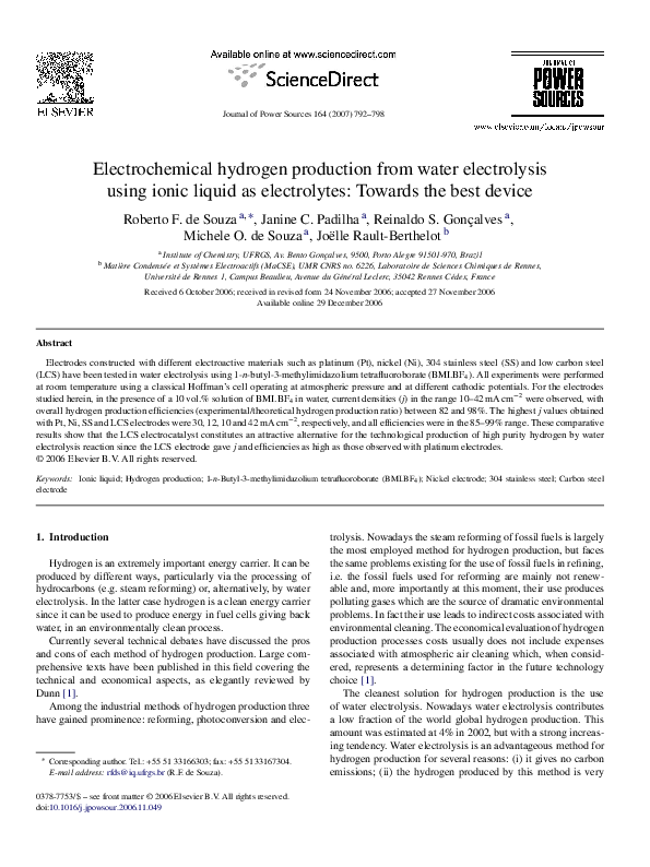 (PDF) Electrochemical hydrogen production from water electrolysis using ...
