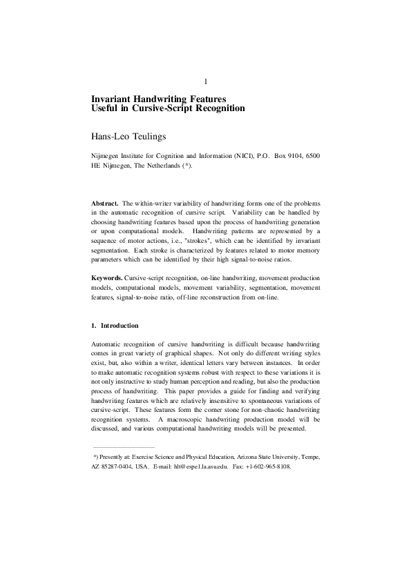 Invariant Handwriting Features Useful In Cursive Script Recognition
