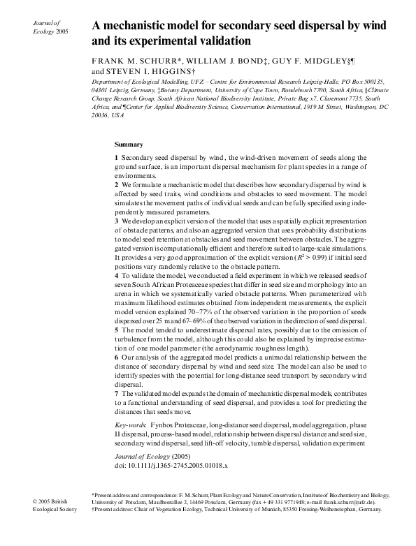 (PDF) A mechanistic model for secondary seed dispersal by wind and its ...