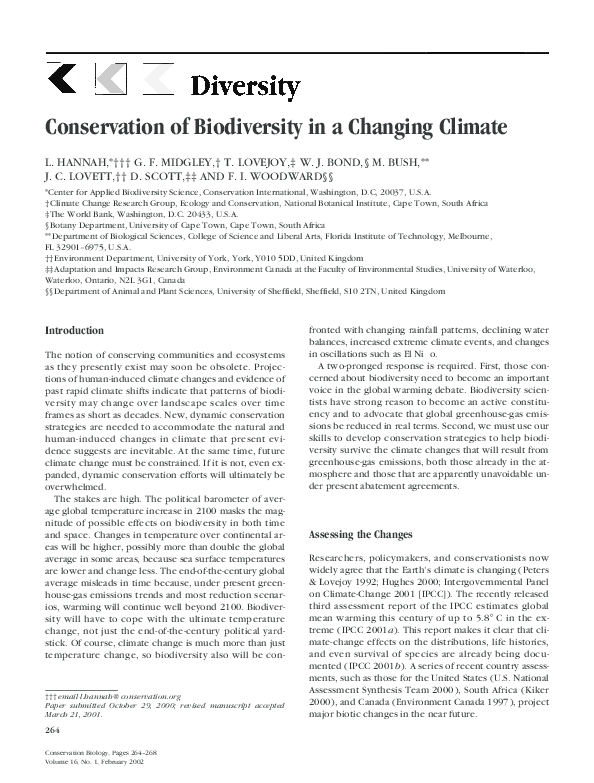 (PDF) Conservation of Biodiversity in a Changing Climate