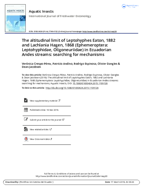 (PDF) The altitudinal limit of Leptohyphes Eaton, 1882 and Lachlania ...