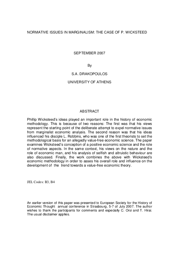 (PDF) Normative Issues in Marginalism: The Case of P. Wicksteed