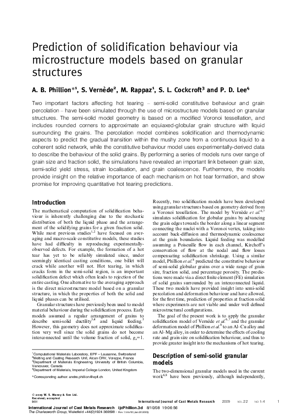 (PDF) Prediction of solidification behaviour via microstructure models based on granular structures