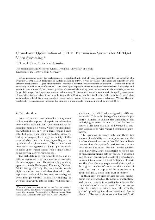 (PDF) Cross-layer optimization of OFDM transmission systems for MPEG-4 video streaming