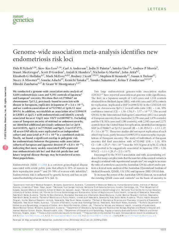 (PDF) Genome-wide meta-analysis identifies new loci for endometriosis