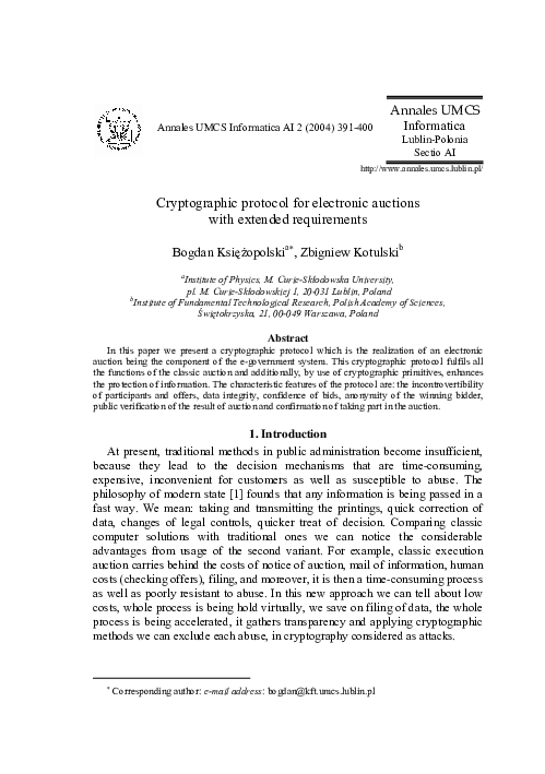 (PDF) Cryptographic protocol for electronic auctions with extended requirements