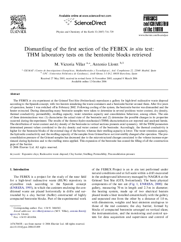 (PDF) Dismantling of the first section of the FEBEX in situ test: THM ...