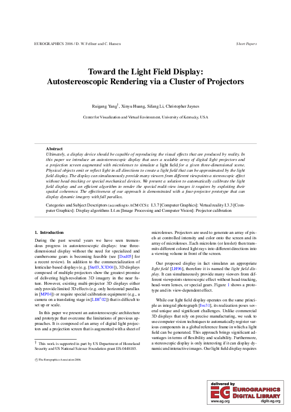 (PDF) Toward the Light Field Display: Autostereoscopic Rendering via a Cluster of Projectors ...