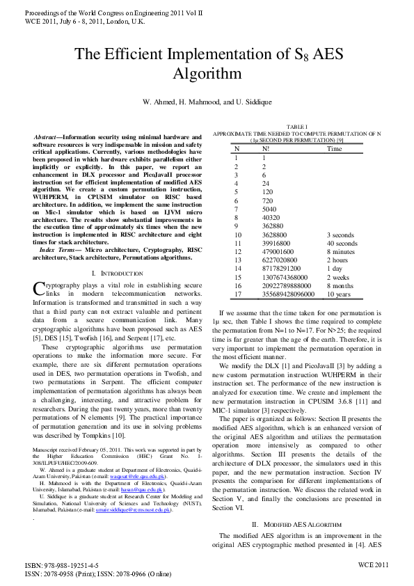 (PDF) The Efficient Implementation of S8 AES Algorithm