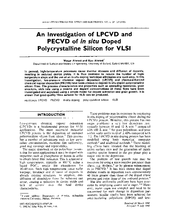An investigation of LPCVD and PECVD ofin situ doped polycrystalline ...