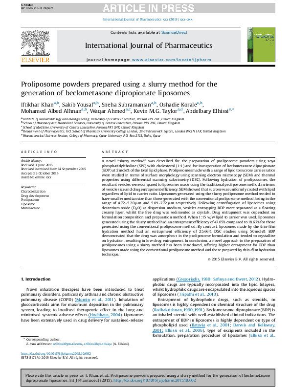 (PDF) Proliposome Powders Prepared Using A Slurry Method For The ...