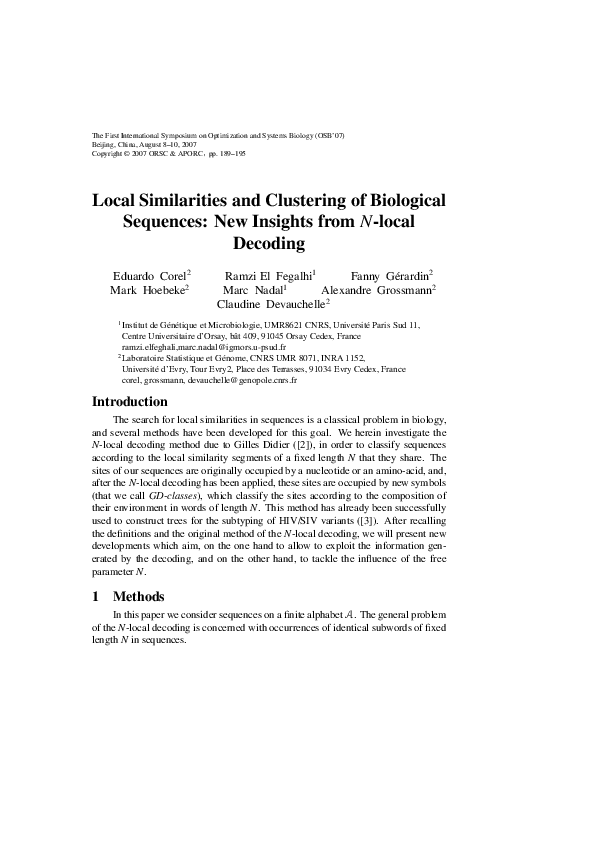 (PDF) Local similarities and clustering of biological sequences: New insights from N-local decoding