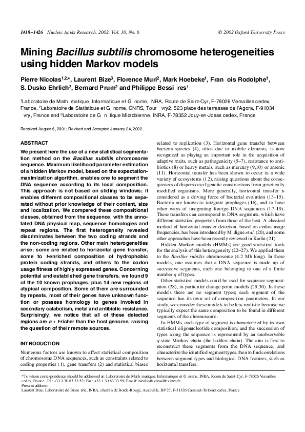 (PDF) Mining Bacillus subtilis chromosome heterogeneities using hidden Markov models