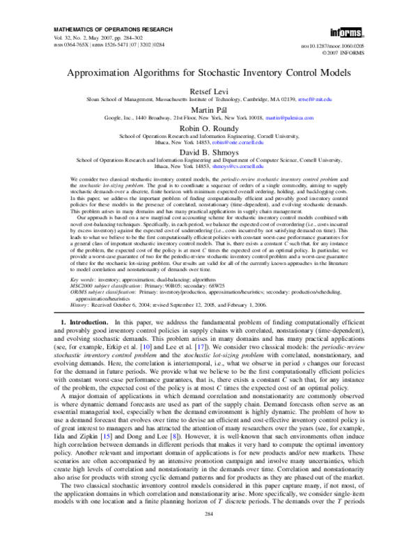 (PDF) Approximation Algorithms for Stochastic Inventory Control Models (PDF) Approximation Algorithms for Stochastic Inventory Control Models
