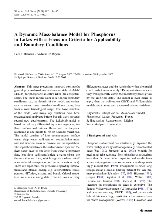 (PDF) A Dynamic Mass-balance Model for Phosphorus in Lakes with a Focus ...