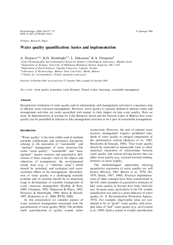 (PDF) Water Quality Quantification: Basics and Implementation