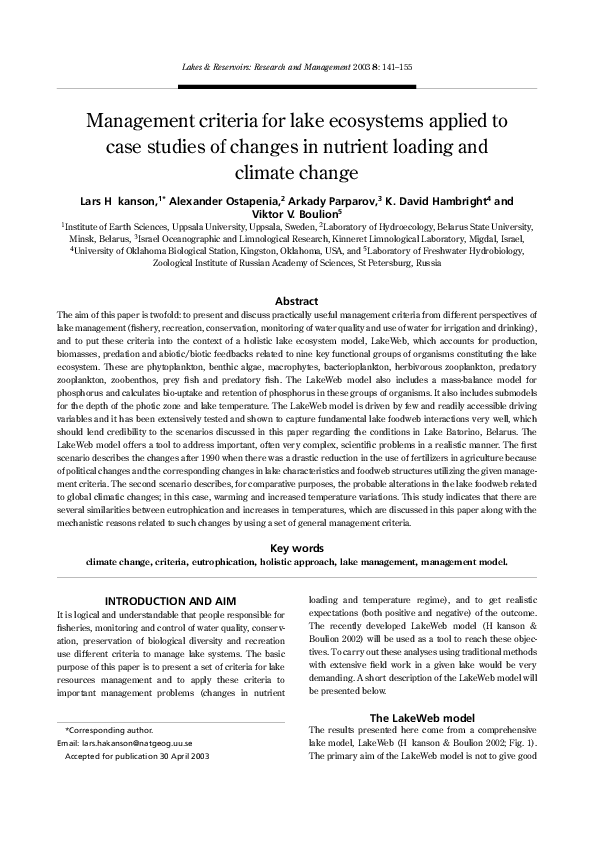 (PDF) Management criteria for lake ecosystems applied to case studies ...