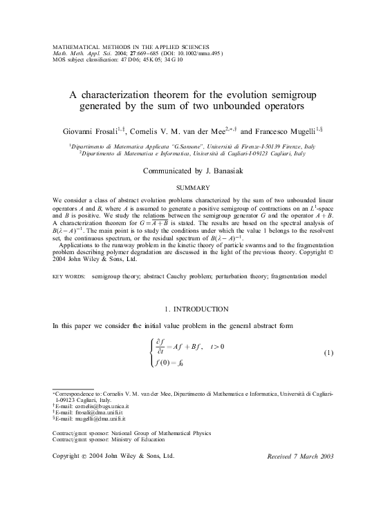 (PDF) A characterization theorem for the evolution semigroup generated by the sum of two ...