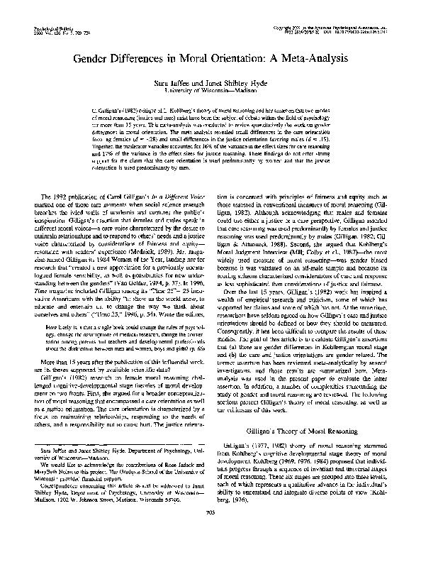 Pdf Gender Differences In Moral Orientation A Meta Analysis