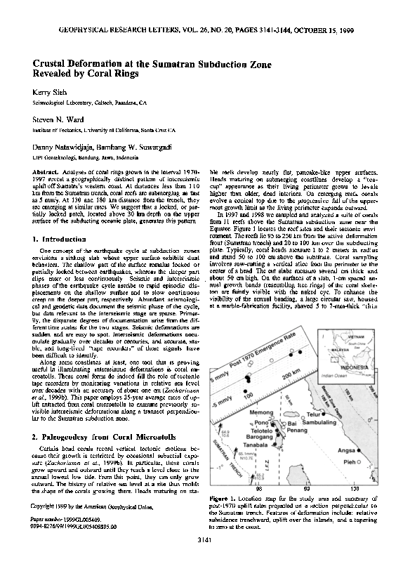 (PDF) Crustal deformation at the Sumatran Subduction Zone revealed by coral rings