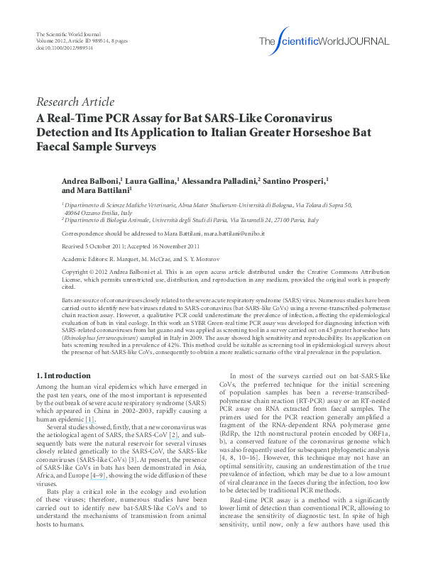 (PDF) A Real-Time PCR Assay for Bat SARS-Like Coronavirus Detection and ...