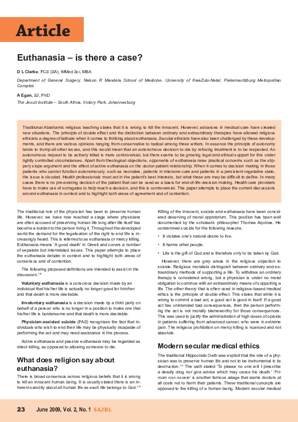 (PDF) Euthanasia – is there a case?