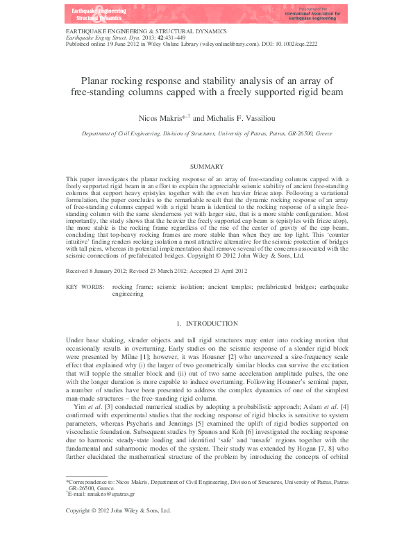 (PDF) Planar rocking response and stability analysis of an array of free-standing columns capped ...