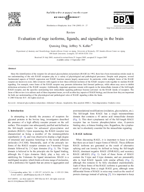 (PDF) Evaluation of rage isoforms, ligands, and signaling in the brain ...