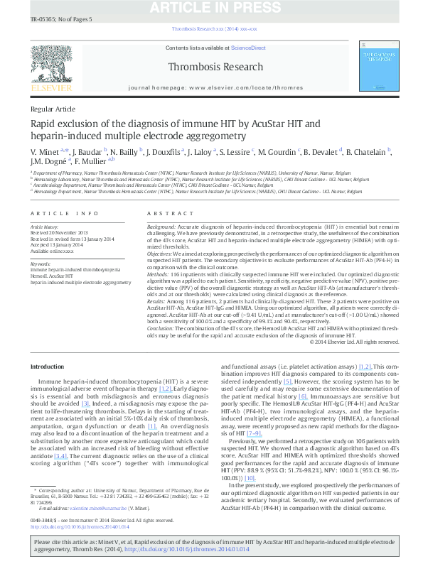 (PDF) Rapid exclusion of the diagnosis of immune HIT by AcuStar HIT and ...
