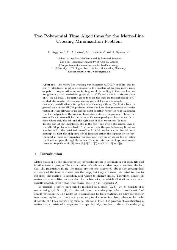 (PDF) Two Polynomial Time Algorithms for the Metro-line Crossing Minimization Problem