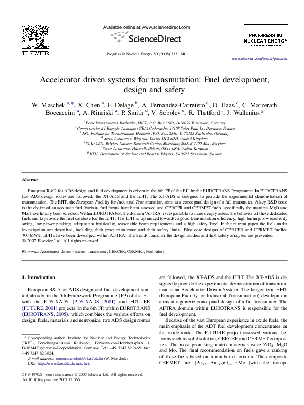 (PDF) Accelerator driven systems for transmutation: Fuel development, design and safety