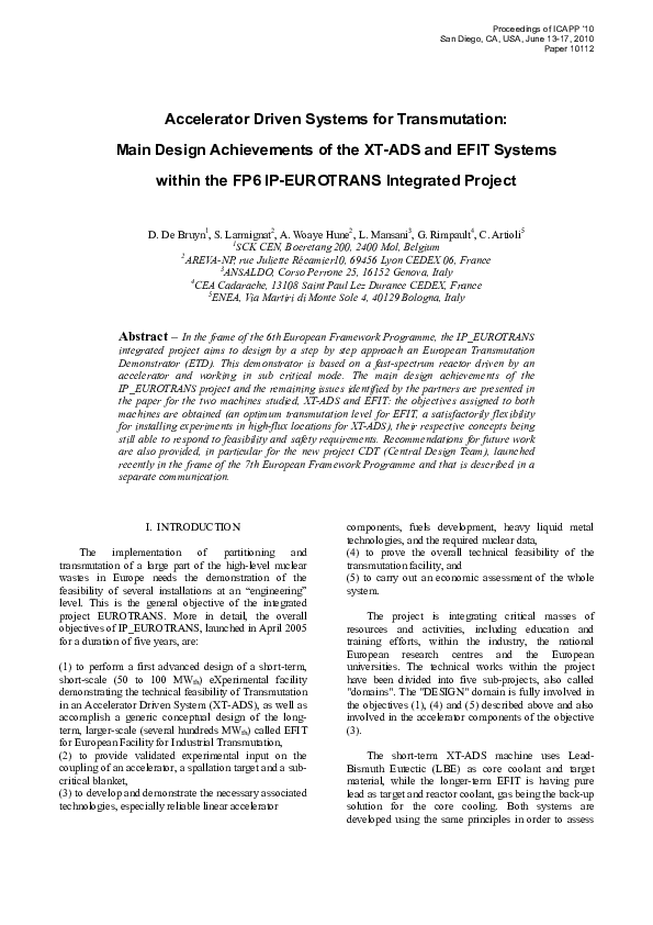 (PDF) Accelerator driven systems for transmutation and energy production: challenges and dangers